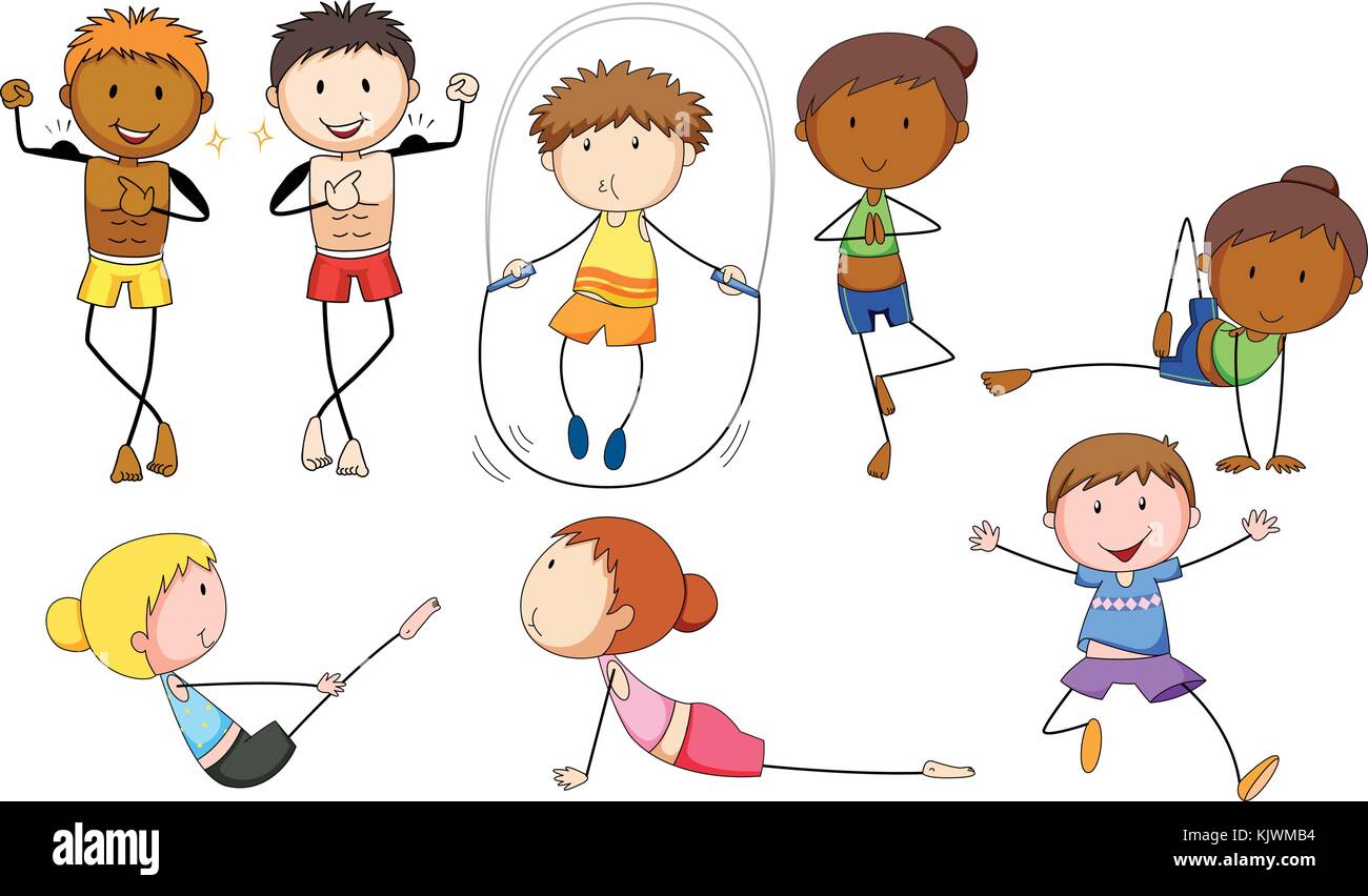 People doing different exercises on white background illustration Stock ...