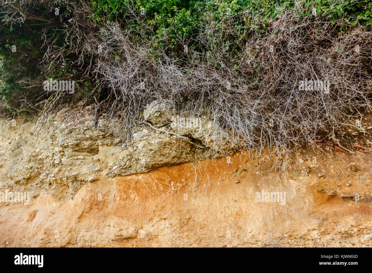 Layers of soil beneath the extreme natural habitat, eroded rugged cliff ...