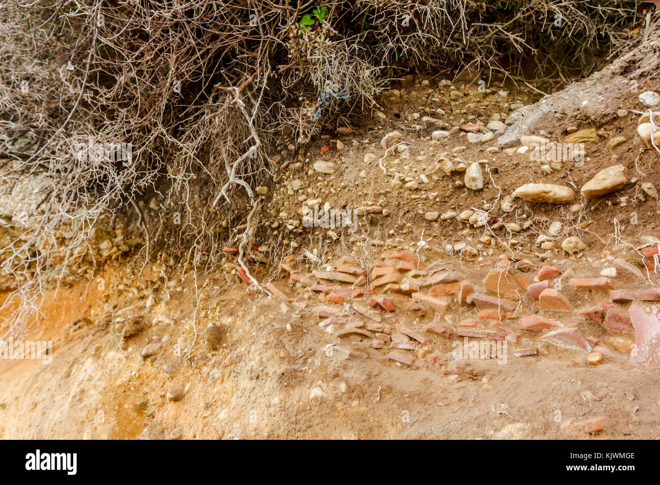 Layers of soil beneath the extreme natural habitat, eroded rugged cliff ...