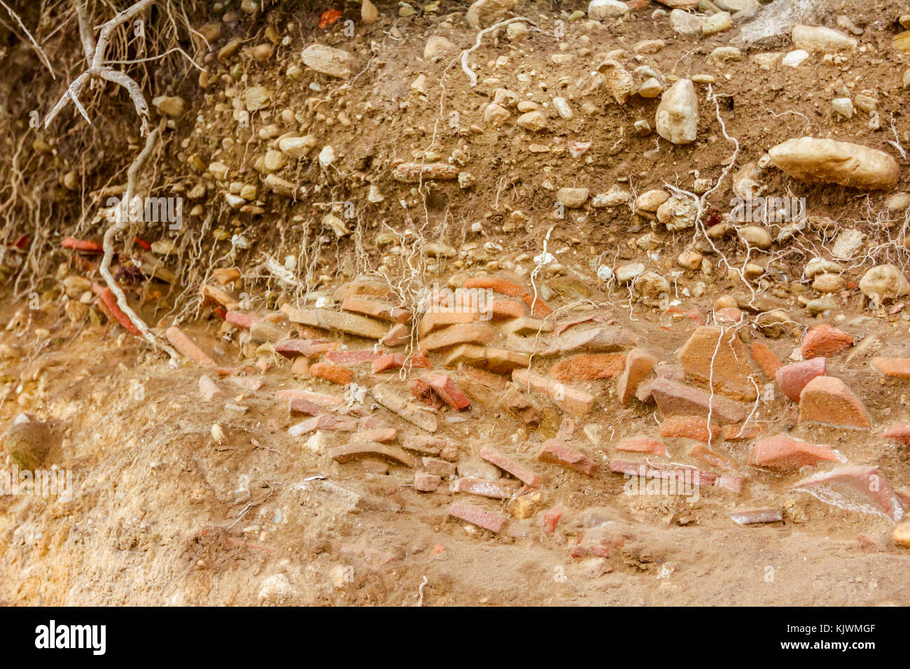 Layers of soil beneath the extreme natural habitat, eroded rugged cliff ...