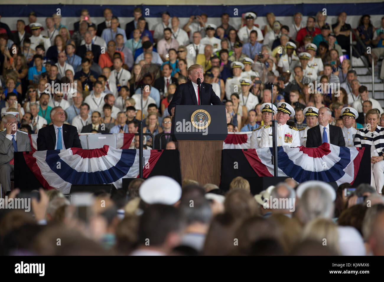 U.S. President Donald Trump speaks during the U.S. Navy Gerald R. Ford ...
