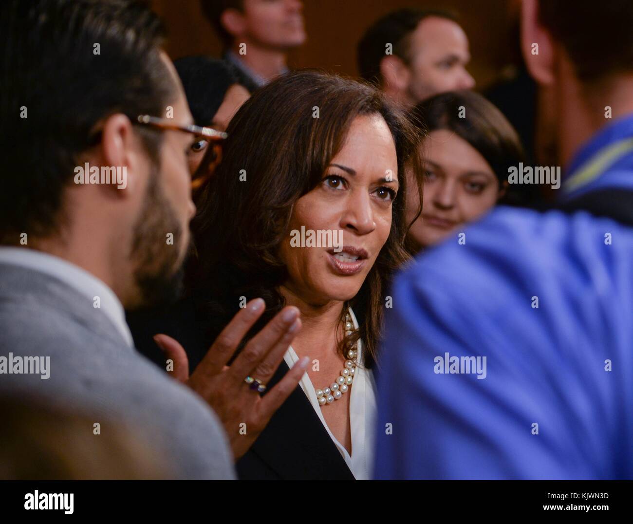 U.S. California Senator Kamala Harris speaks to the media during the ...
