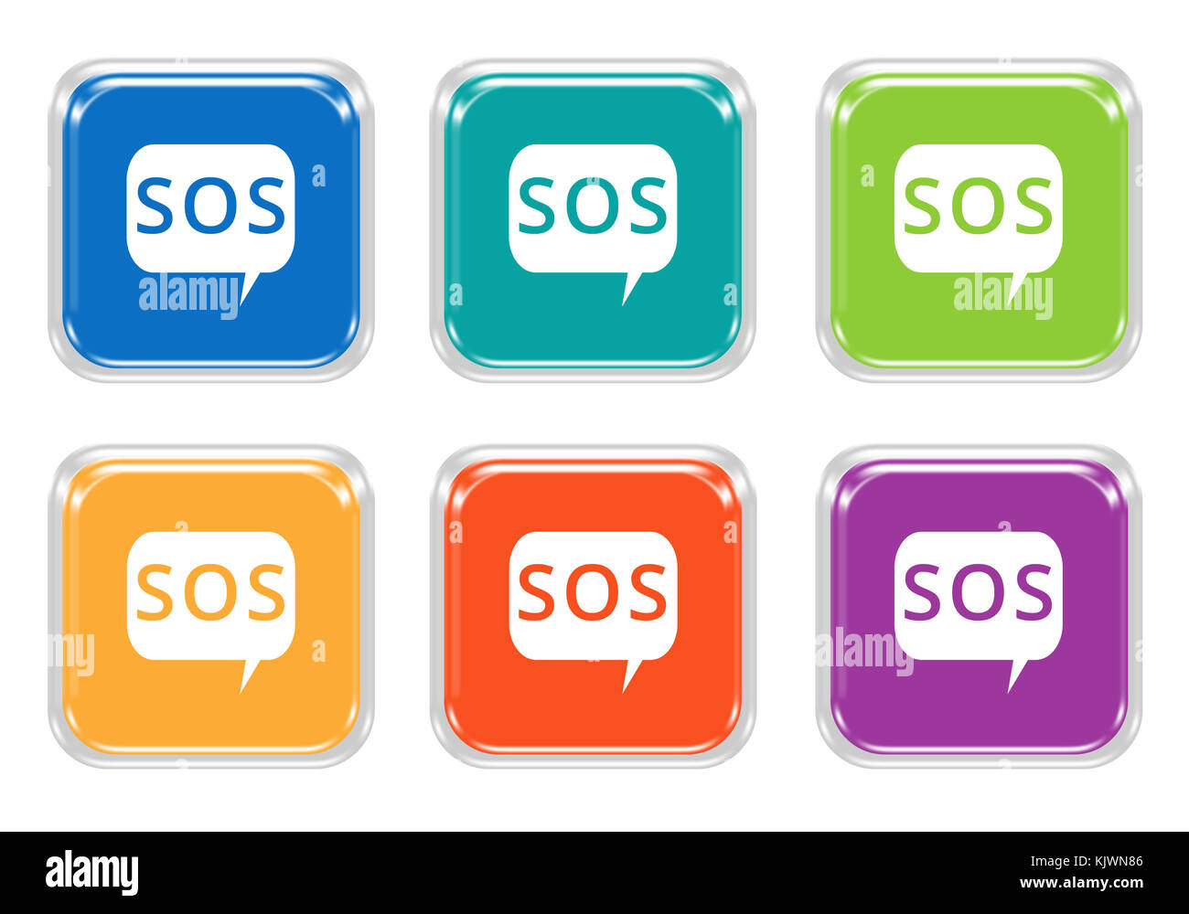 Set of rounded square colorful buttons with SOS symbol in blue, green ...