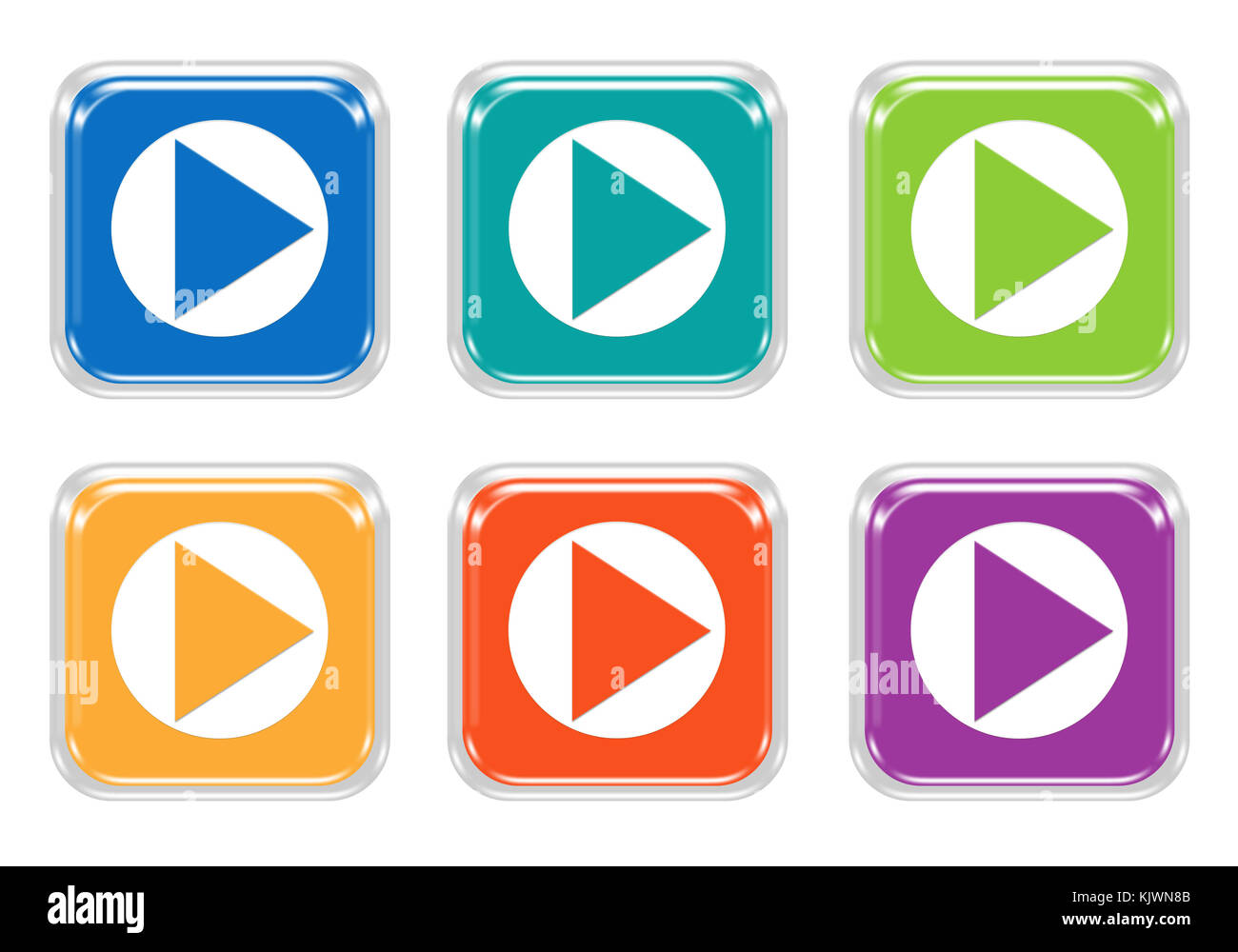 Set of rounded square colorful buttons with play symbol in blue, green ...