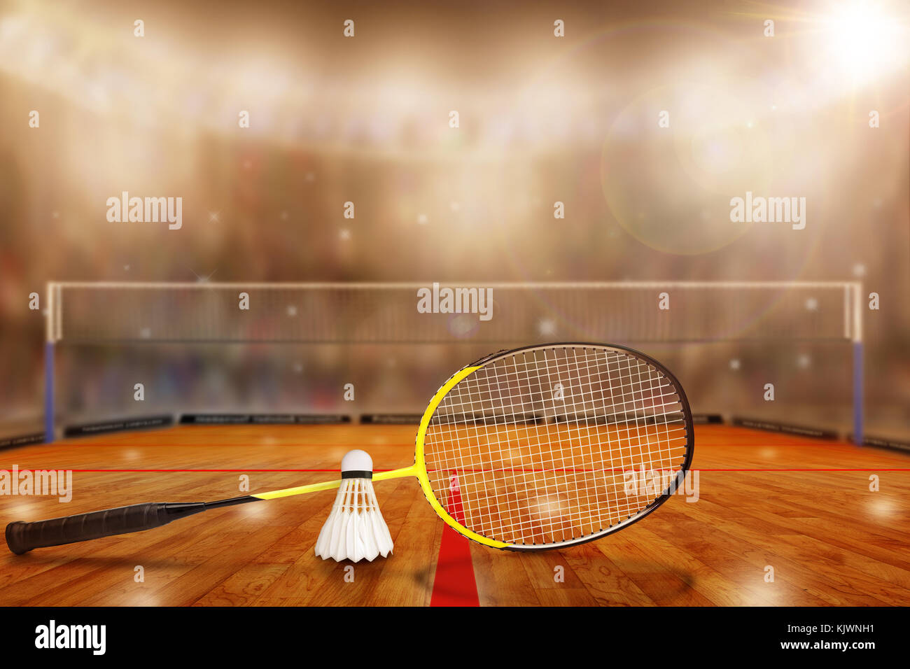 Low angle view of badminton arena with sports fans in the stands and ...