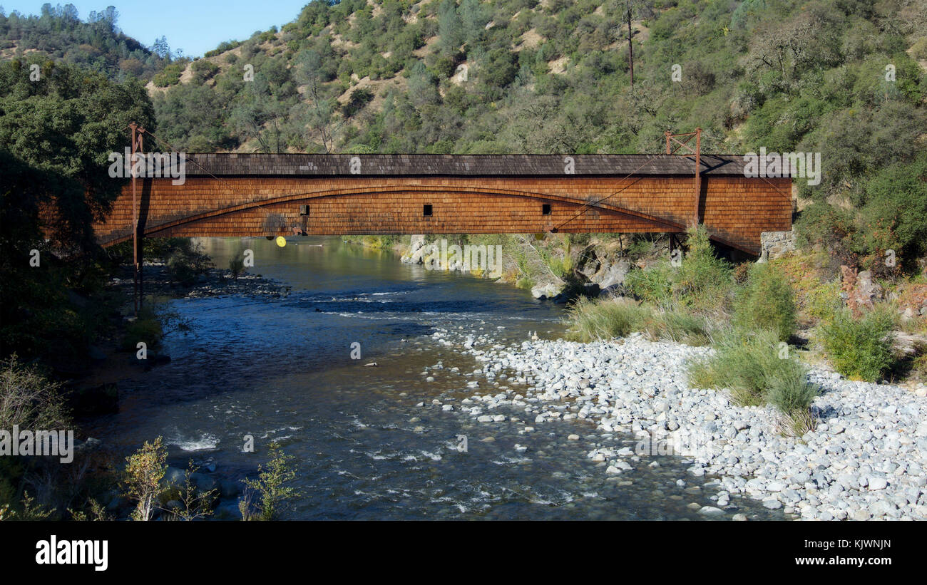 Side view of the bridgeport Covered Bridge at South Yuba River in California, USA. This bridge ...