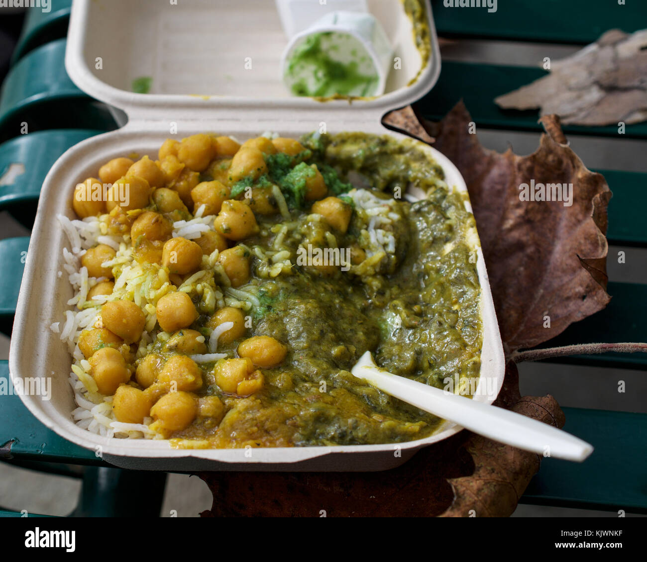 Veggie Indian dish – rice, chickpeas and spinach curry on rice- in ...