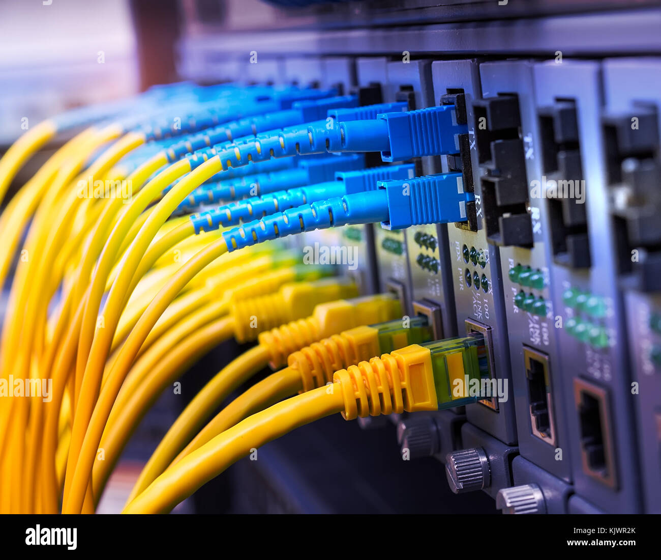 Fiber Optic cables connected to an optic ports and Network cables ...
