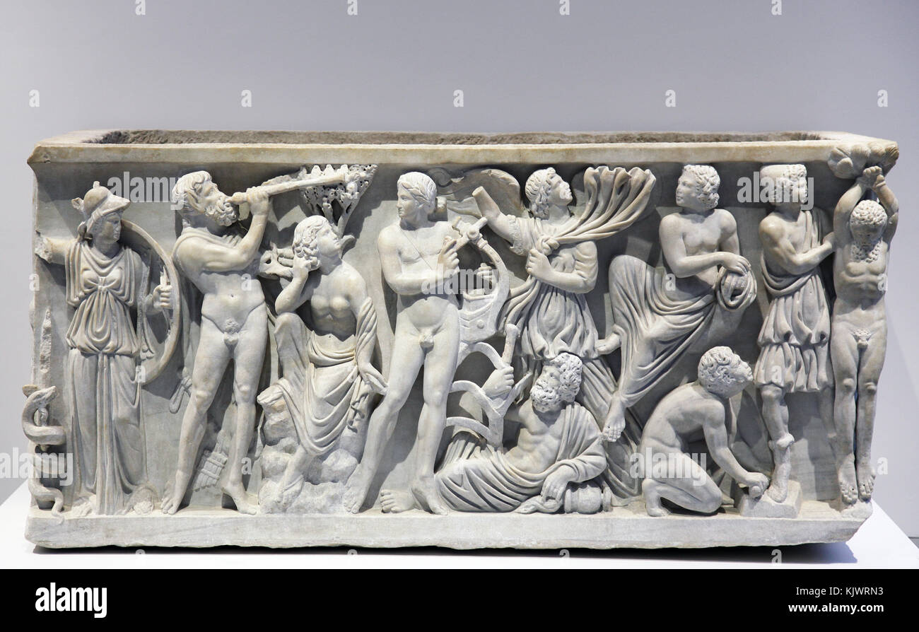 Sarcophagus;musical contest between the god Apollo and the satyr ...
