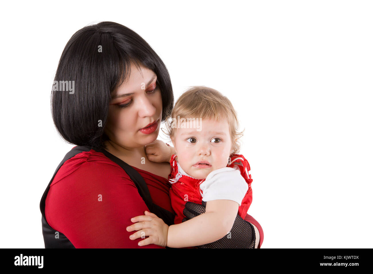 Mother holding crying baby tear falling isolated on white Stock Photo ...