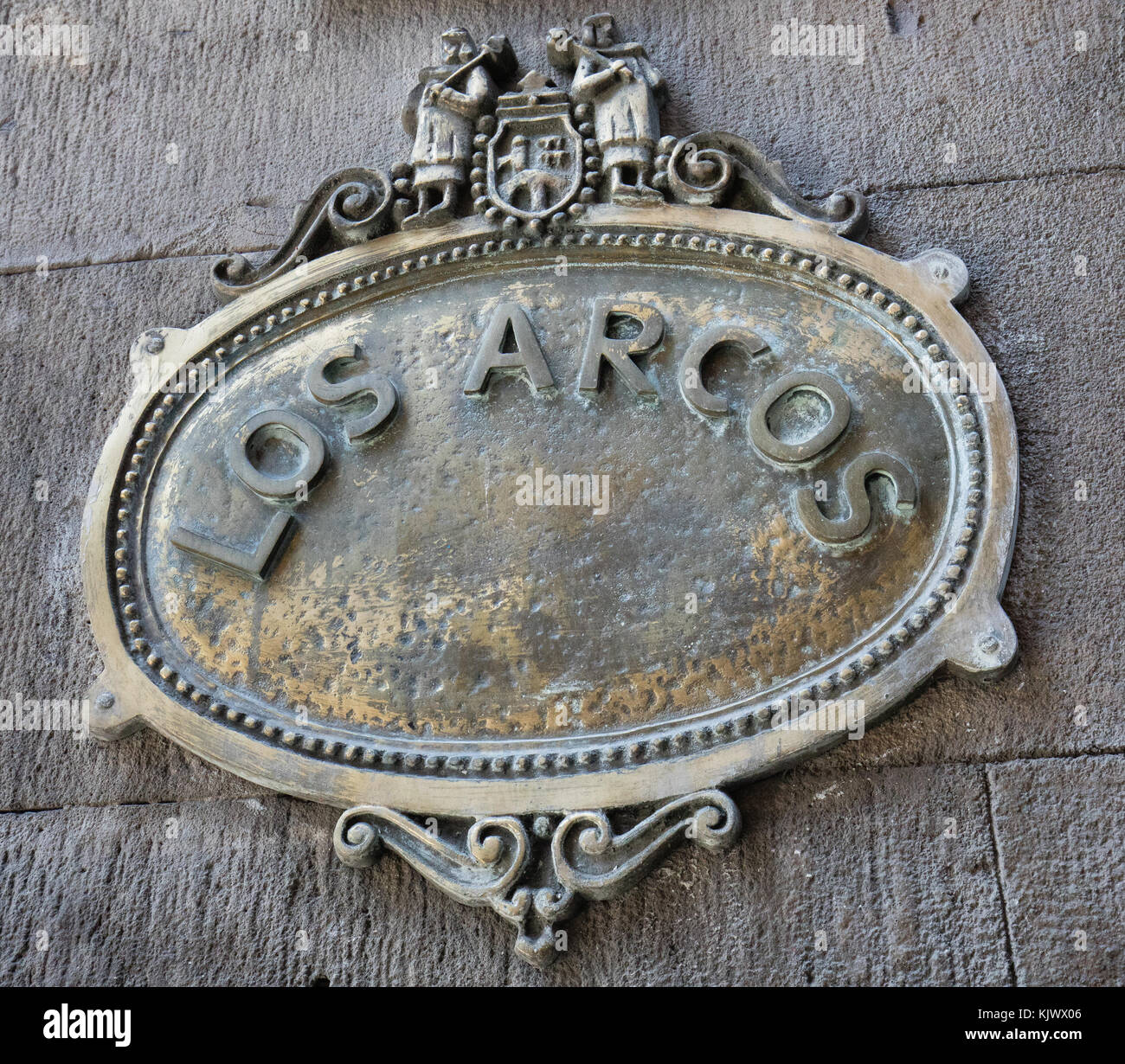 Bronze street plaque at the entrance to Los Arcos the Arches or arcades ...