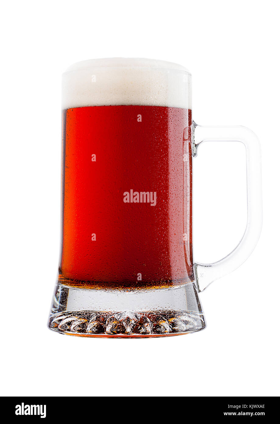 Cold glass of red bitter beer with foam and dew isolated on white ...