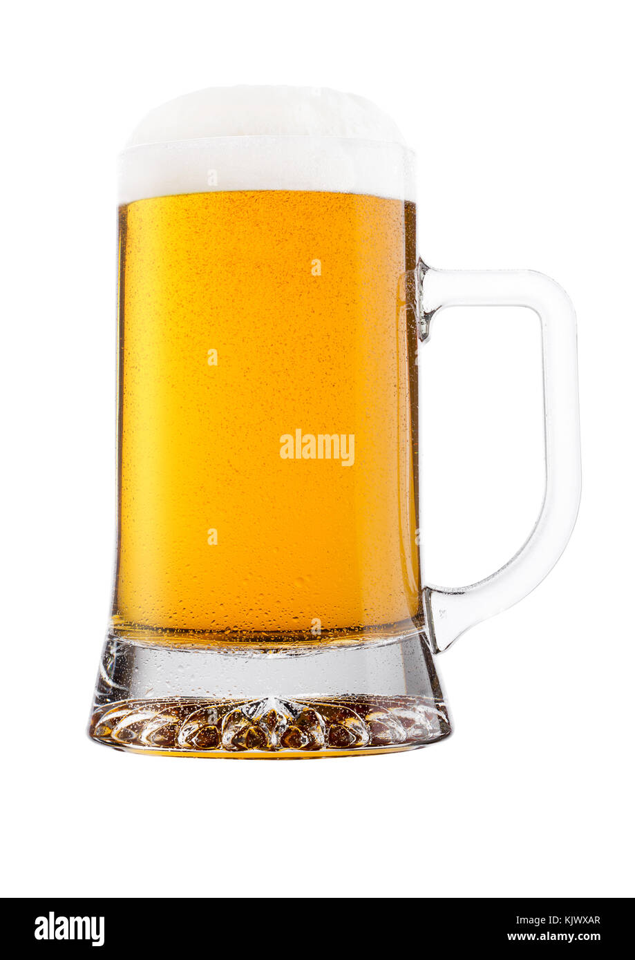 Cold glass of lager beer with foam and dew isolated on white background ...