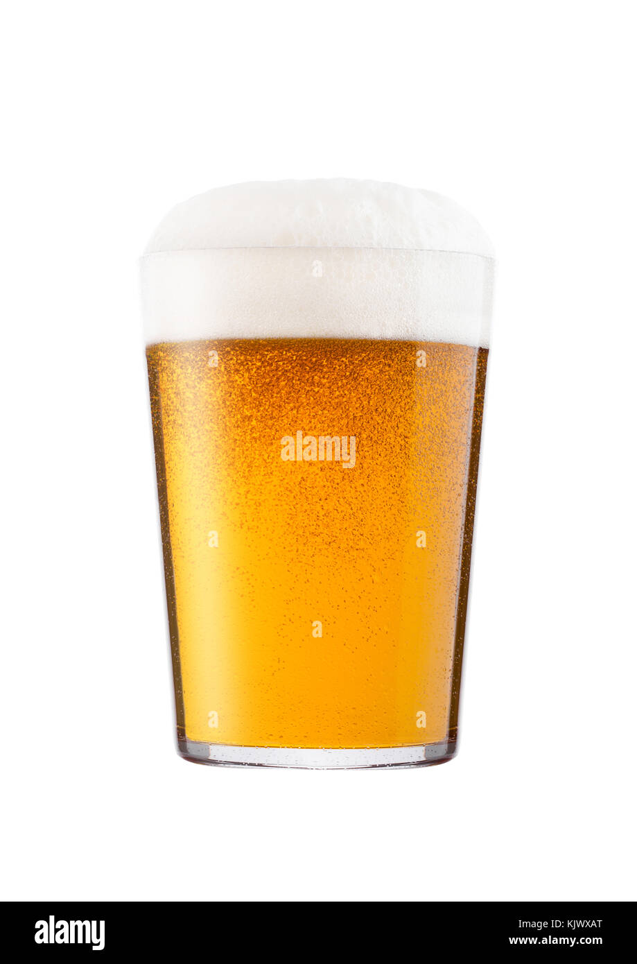 Cold glass of lager beer with foam and dew isolated on white background ...