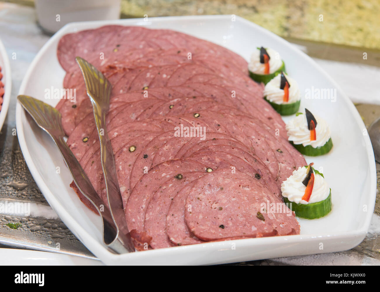 Selection display of cold meat salami salad food at a luxury restaurant ...