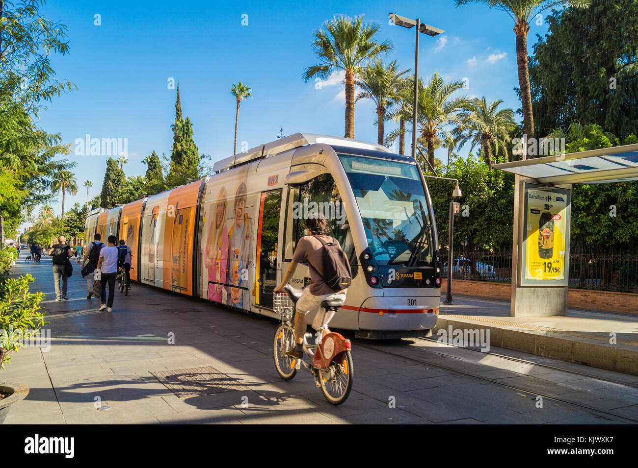 Tram in the historic centre of Seville, Andalucia, Spain Stock Photo ...