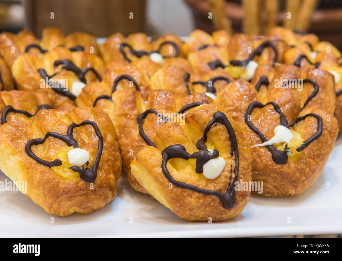 Selection display of sweet pastry dessert food with chocolate at a ...