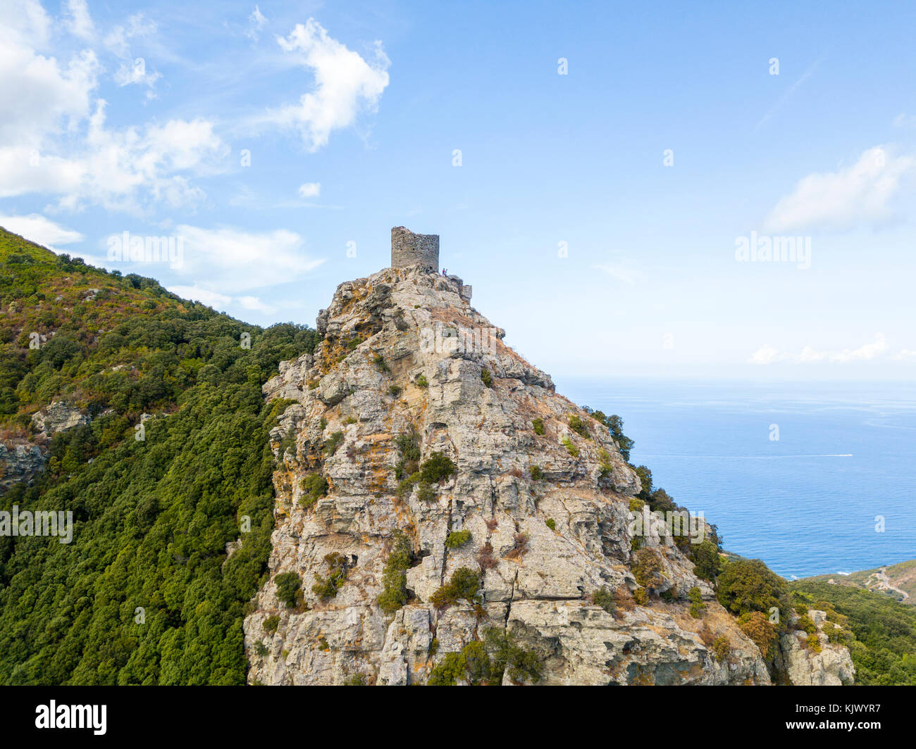 Aerial view of the Seneca Tower, Corsica, France, ancient Genoese tower ...