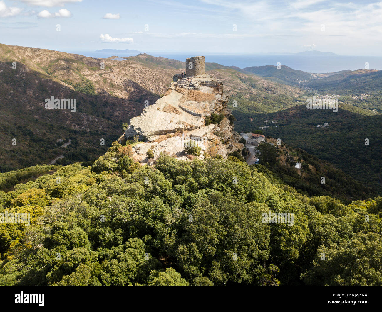 Aerial view of the Seneca Tower, Corsica, France, ancient Genoese tower ...