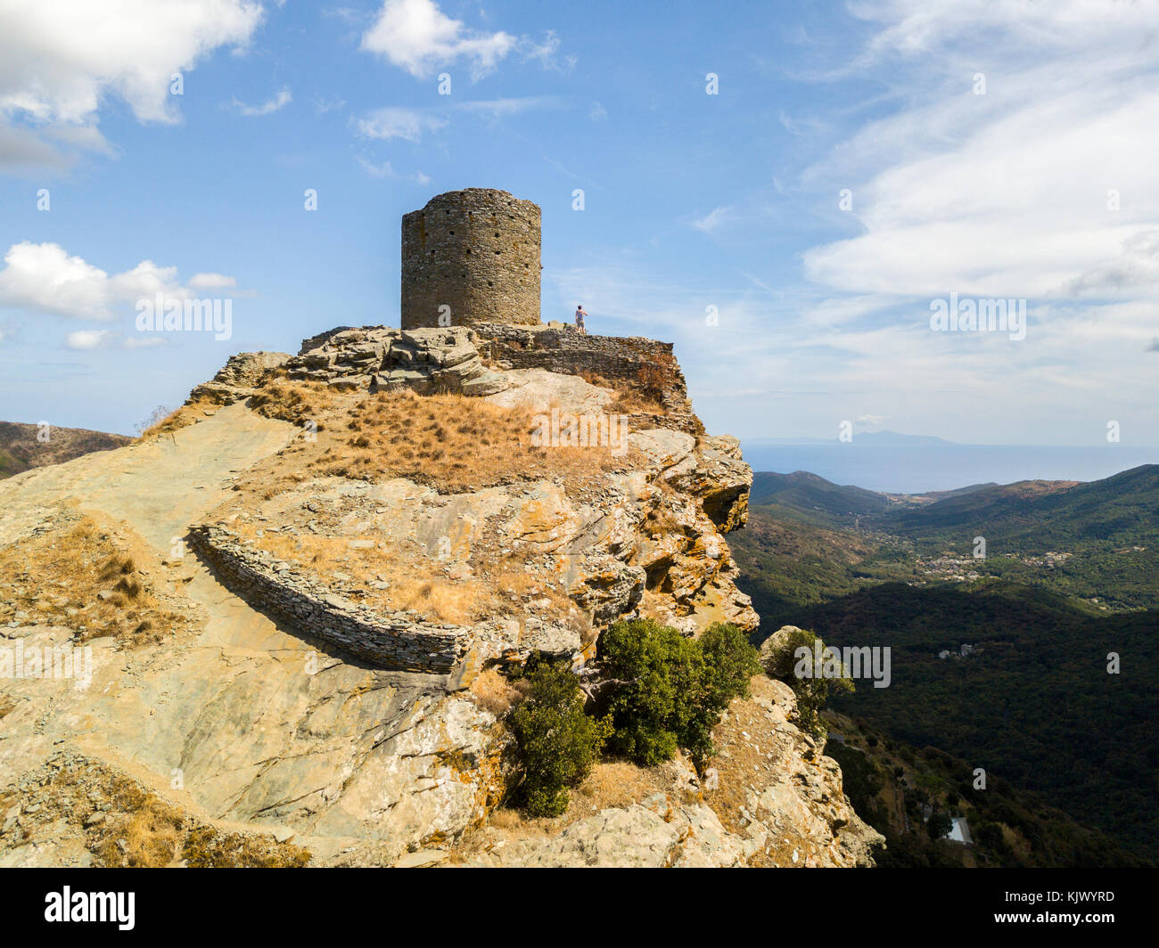 Aerial view of the Seneca Tower, Corsica, France, ancient Genoese tower ...