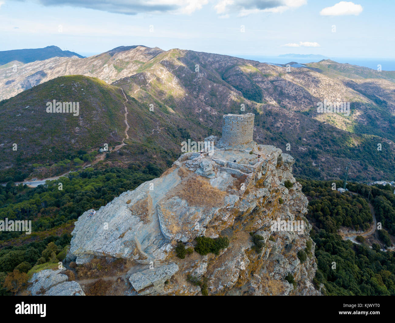 Aerial view of the Seneca Tower, Corsica, France, ancient Genoese tower ...