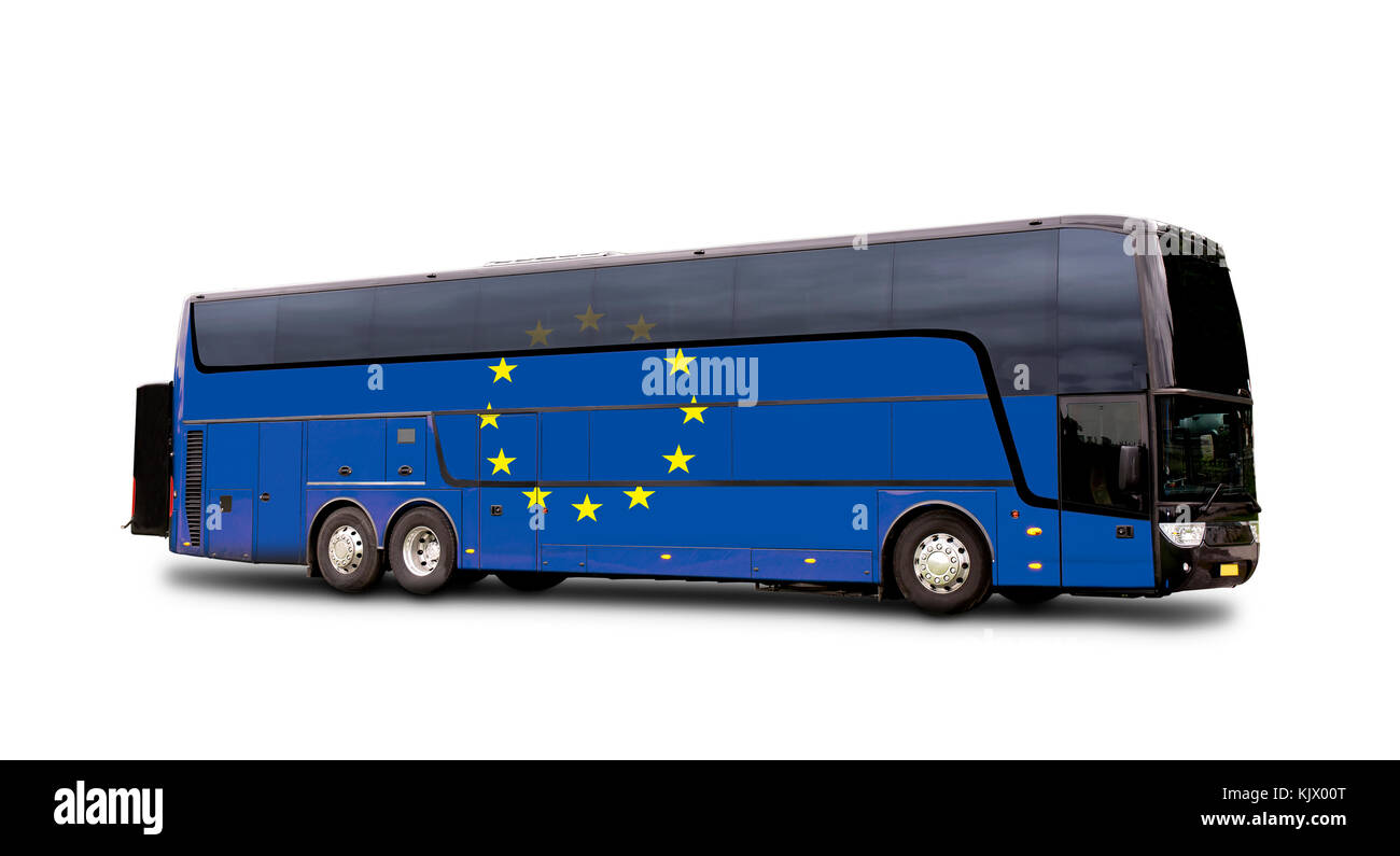 Black Travel bus with the European flag on side isolated on white ...