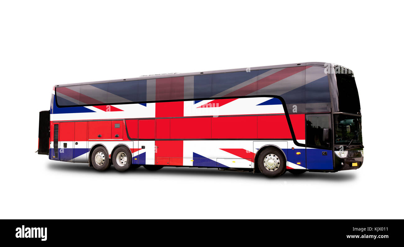 Black Travel bus with the English flag on side isolated on white ...