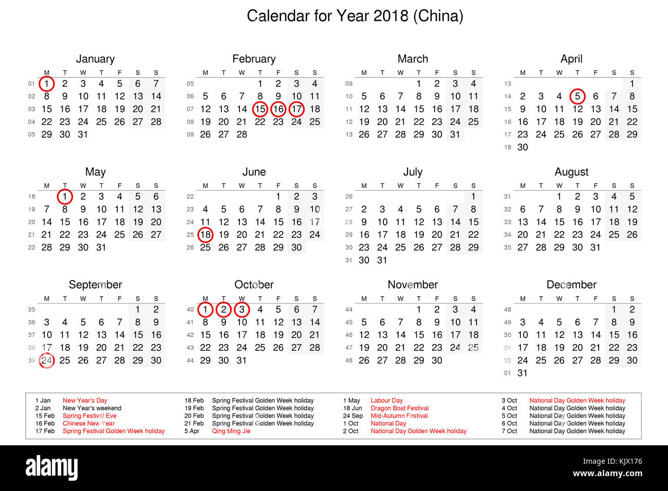 Calendar of year 2018 with public holidays and bank holidays for China ...