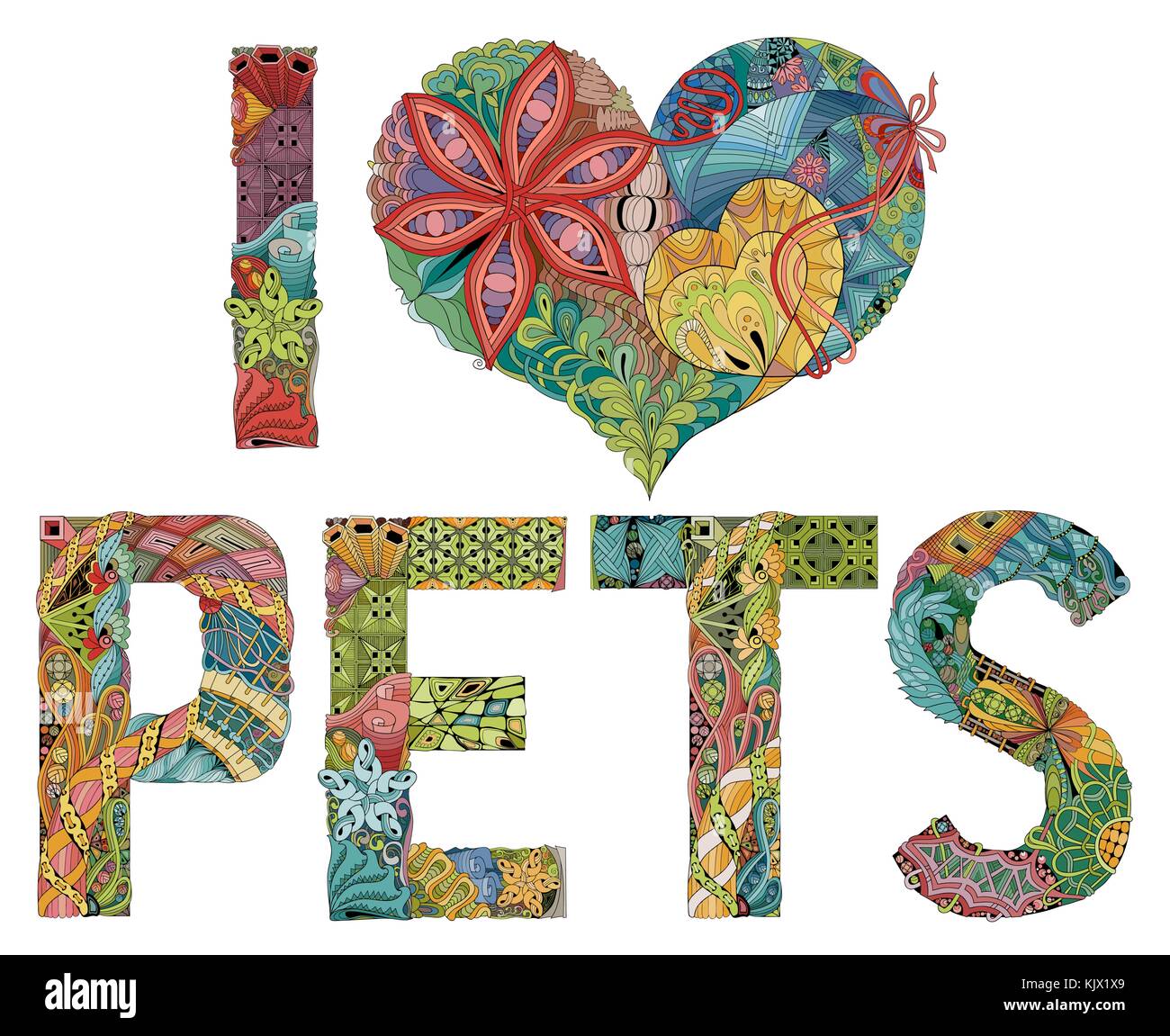 Hand-painted art design. Hand drawn illustration words I LOVE PETS for ...