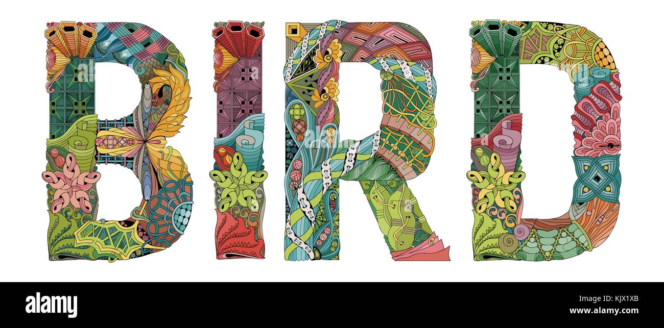 Hand-painted art design. Hand drawn illustration word BIRD for t-shirt ...