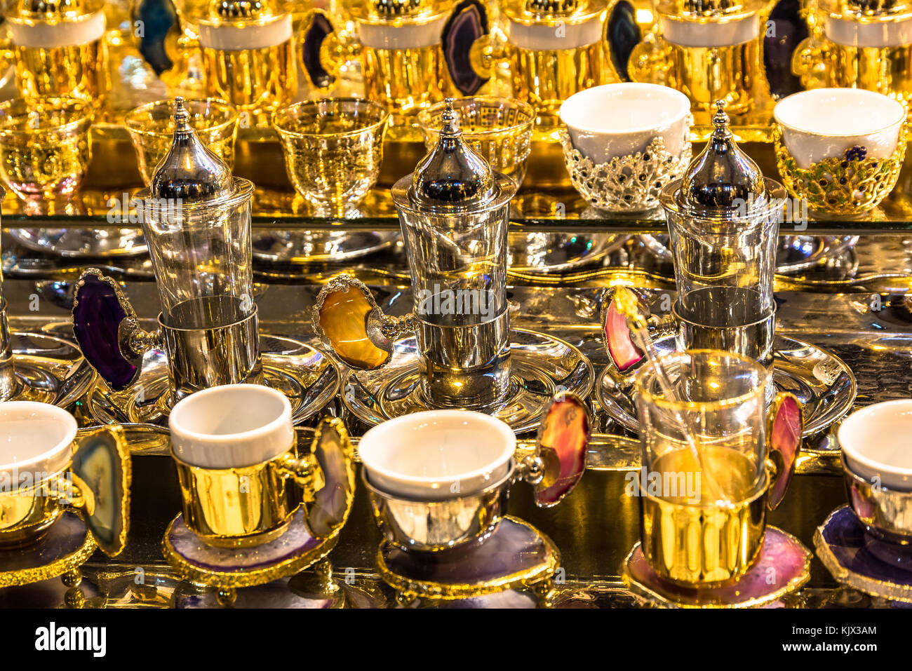 Top view of Traditional Turkish handmade silver or copper tea sets for ...