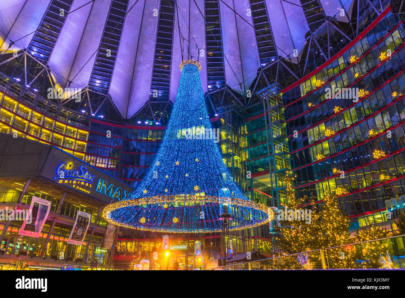 Christmas lights at night inside the Sony Center building complex at ...