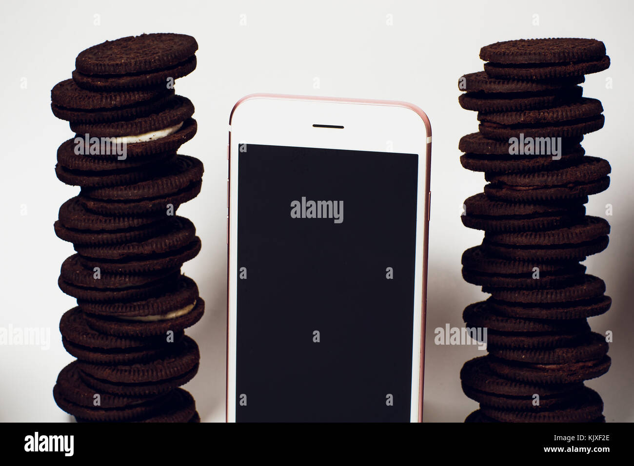 chocolate cookies stacked served milk mobile smartphone Stock Photo - Alamy