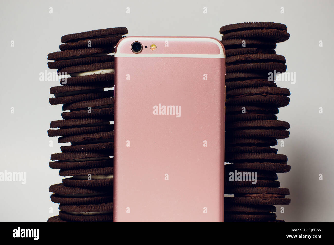 chocolate cookies stacked served milk mobile smartphone Stock Photo - Alamy