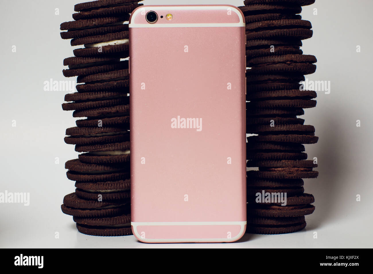 chocolate cookies stacked served milk mobile smartphone Stock Photo - Alamy