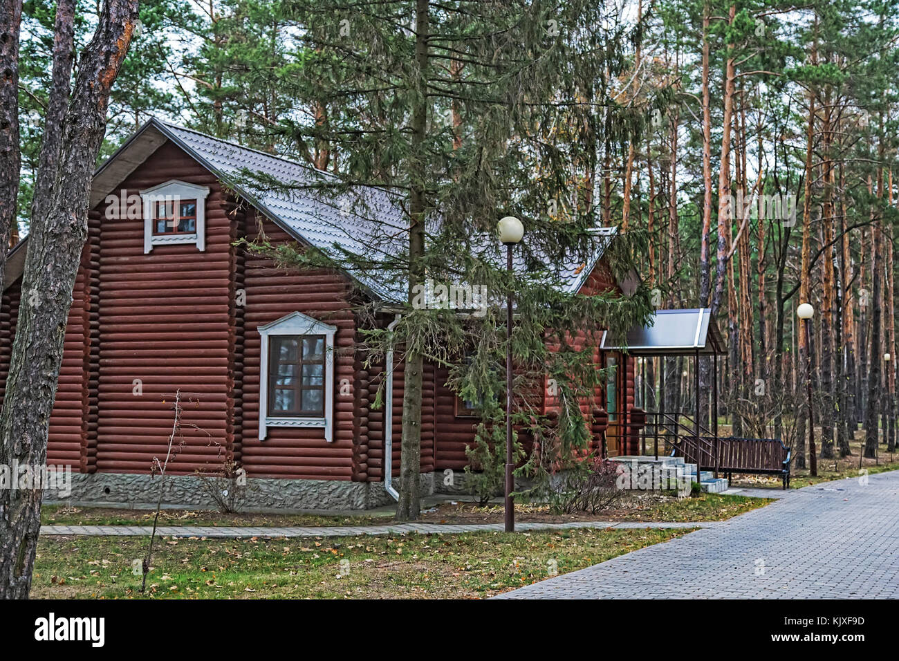 The wooden building is a small hotel for travelers Stock Photo - Alamy