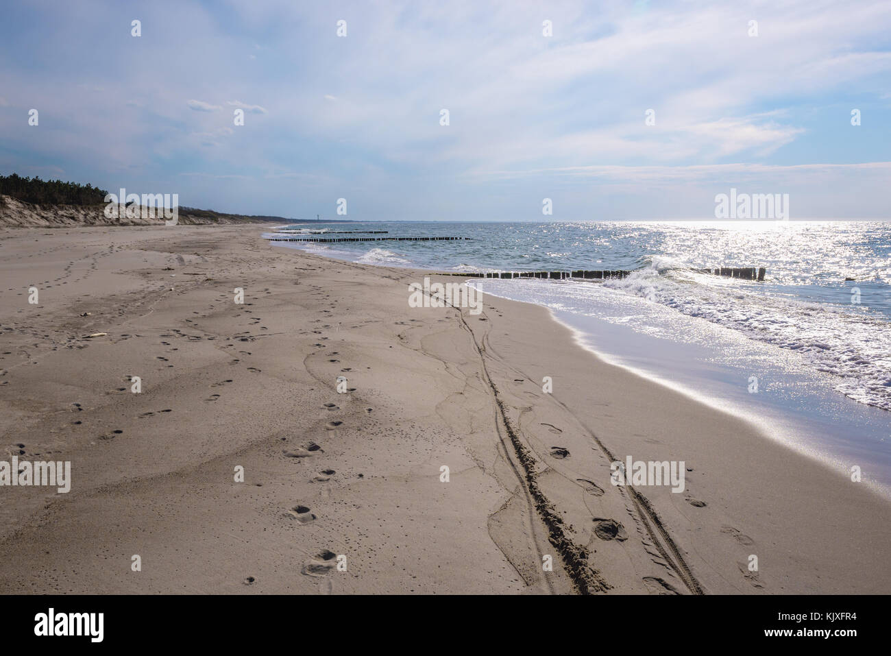 Spit beach separating Baltic Sea and Bukowo Lake in West Pomeranian ...
