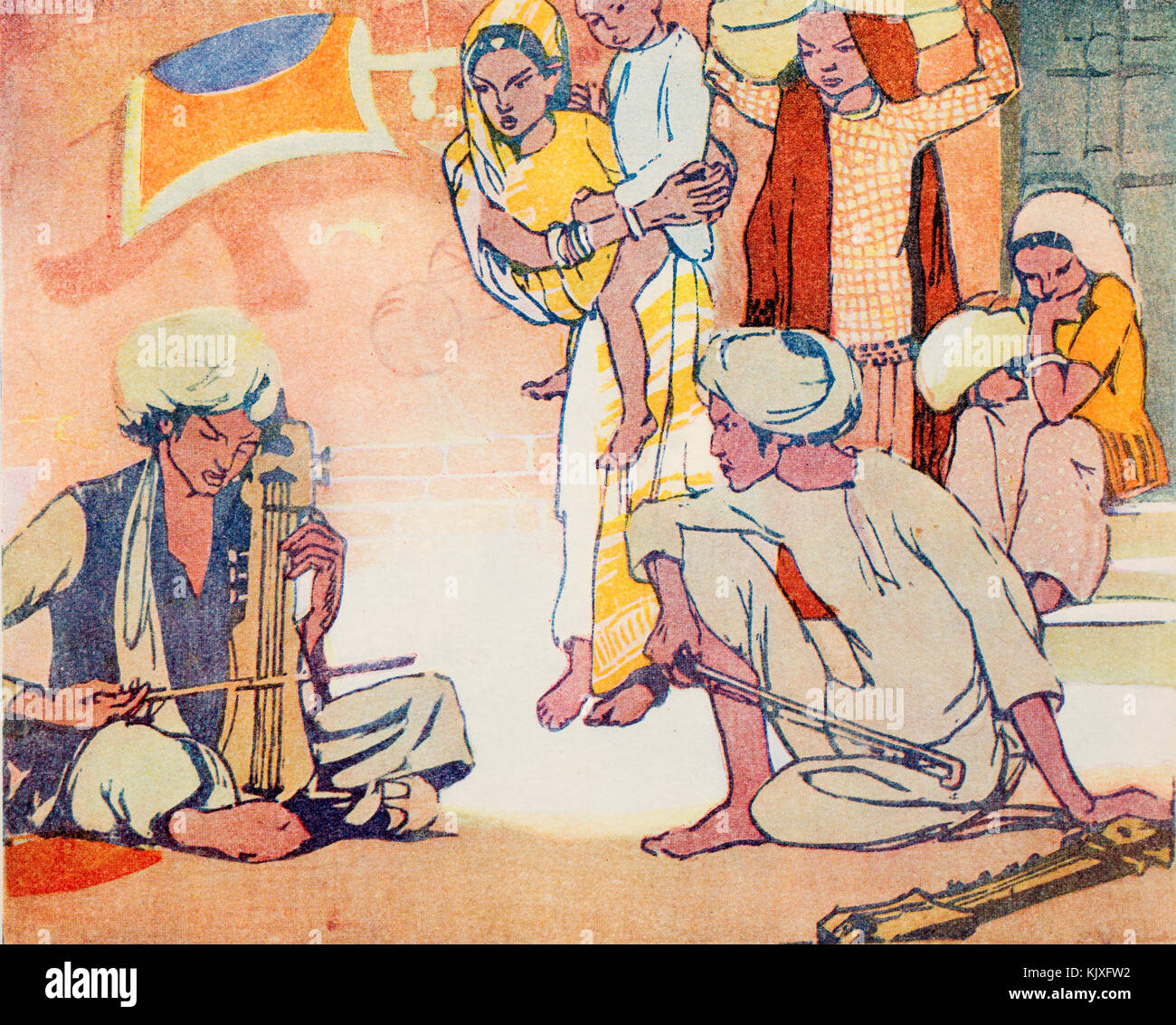 halftone illustration of colour woodcut, Indian musicians in street ...