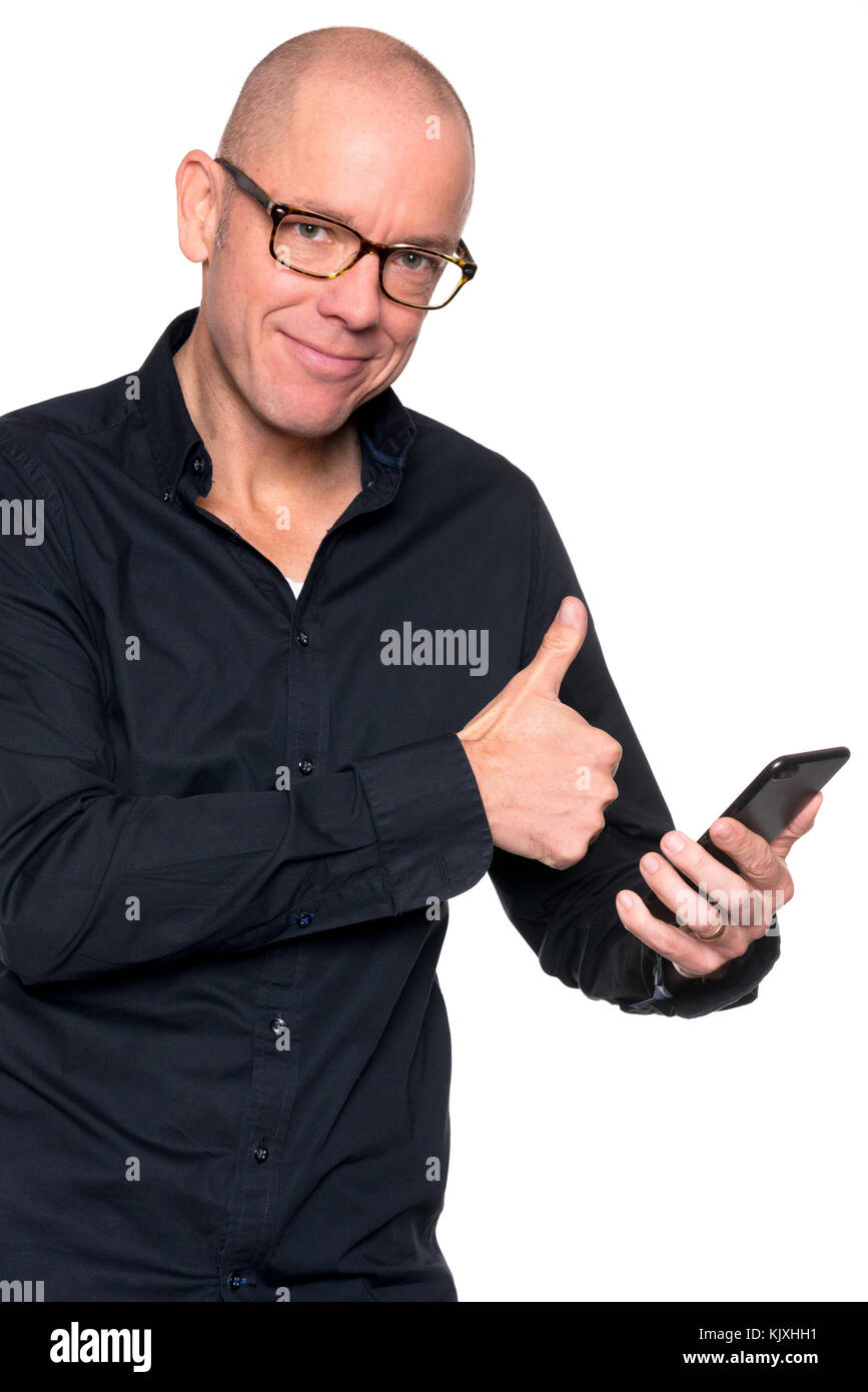 Man with cell in front of white background Stock Photo - Alamy