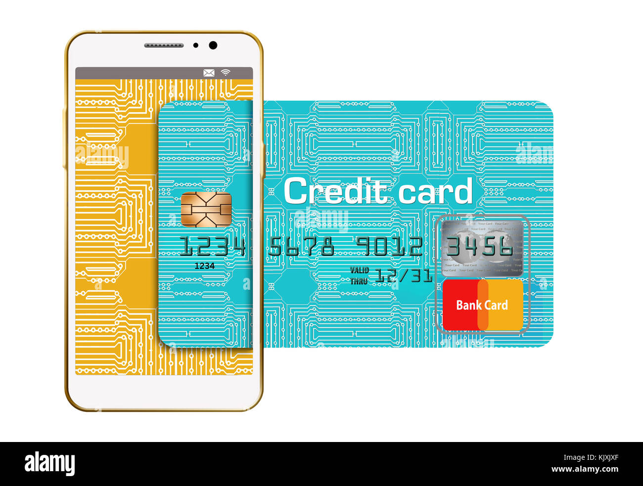 Electronic circuit patterns decorate this credit card illustrating ...