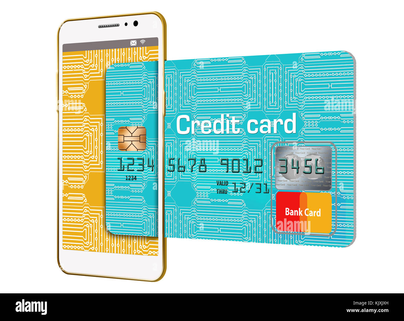 Electronic circuit patterns decorate this credit card illustrating ...