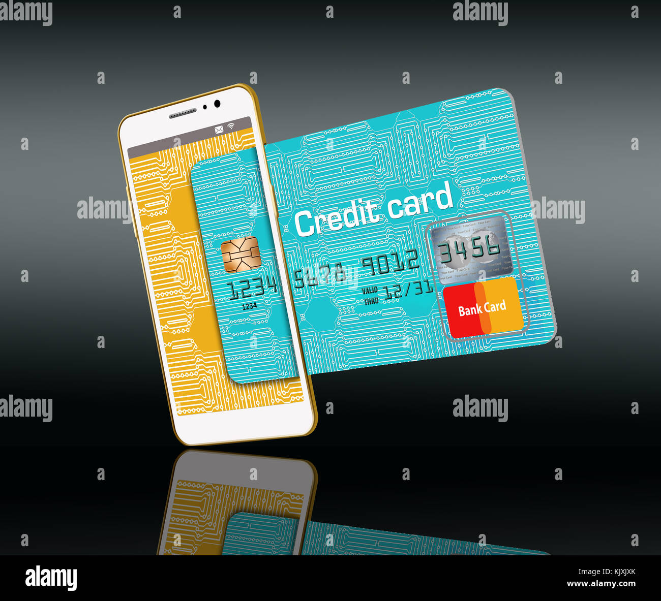 Electronic circuit patterns decorate this credit card illustrating ...