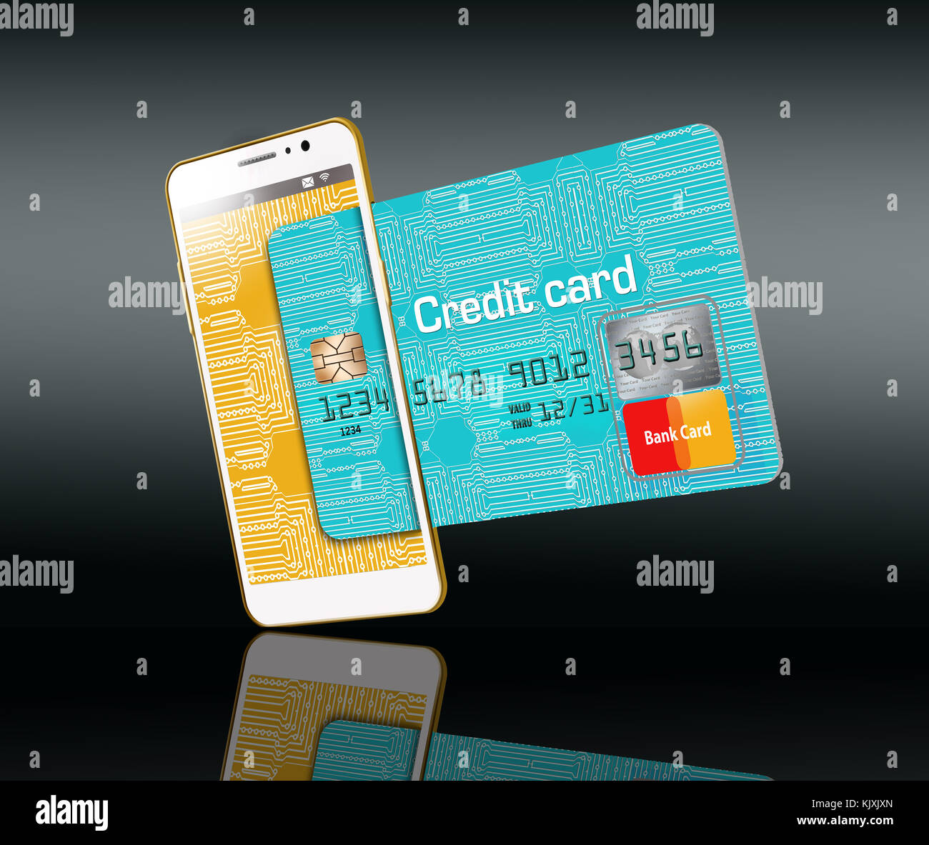 Electronic circuit patterns decorate this credit card illustrating ...