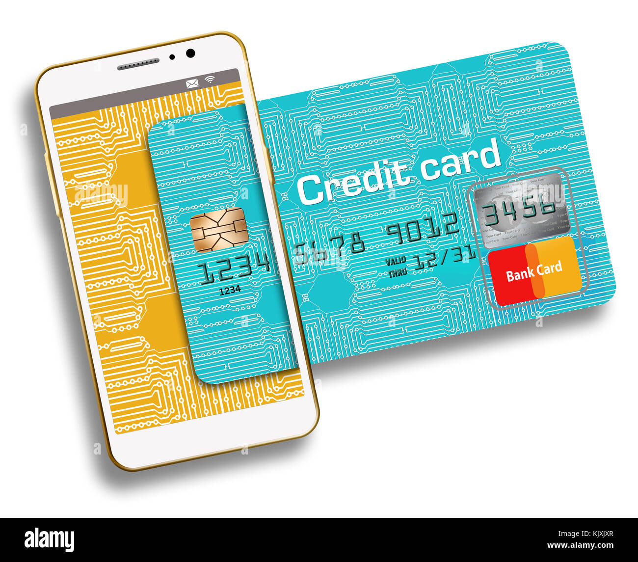 Electronic circuit patterns decorate this credit card illustrating ...