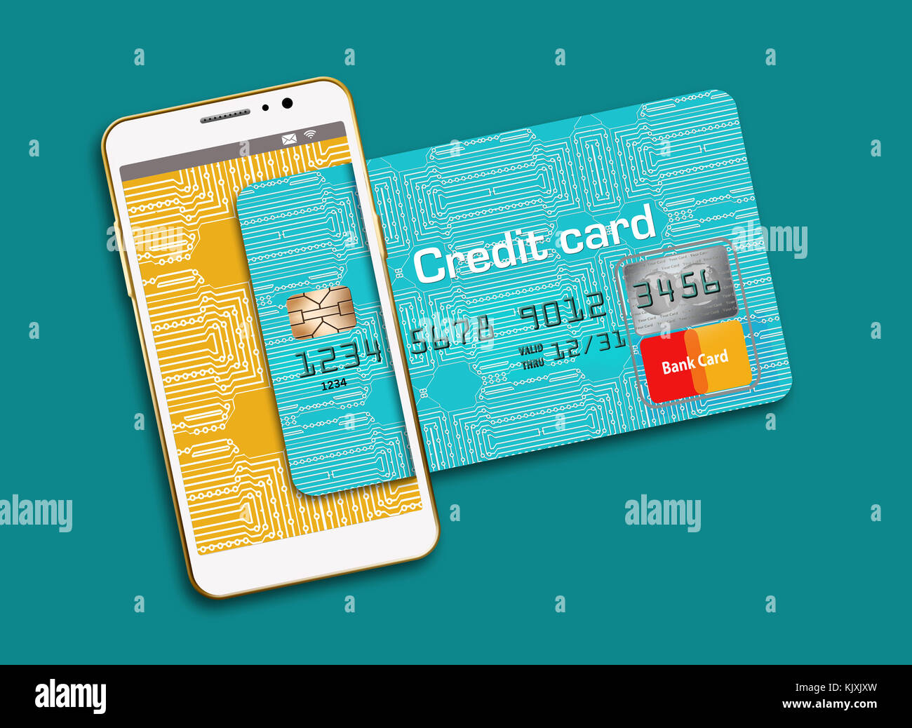 Electronic circuit patterns decorate this credit card illustrating ...
