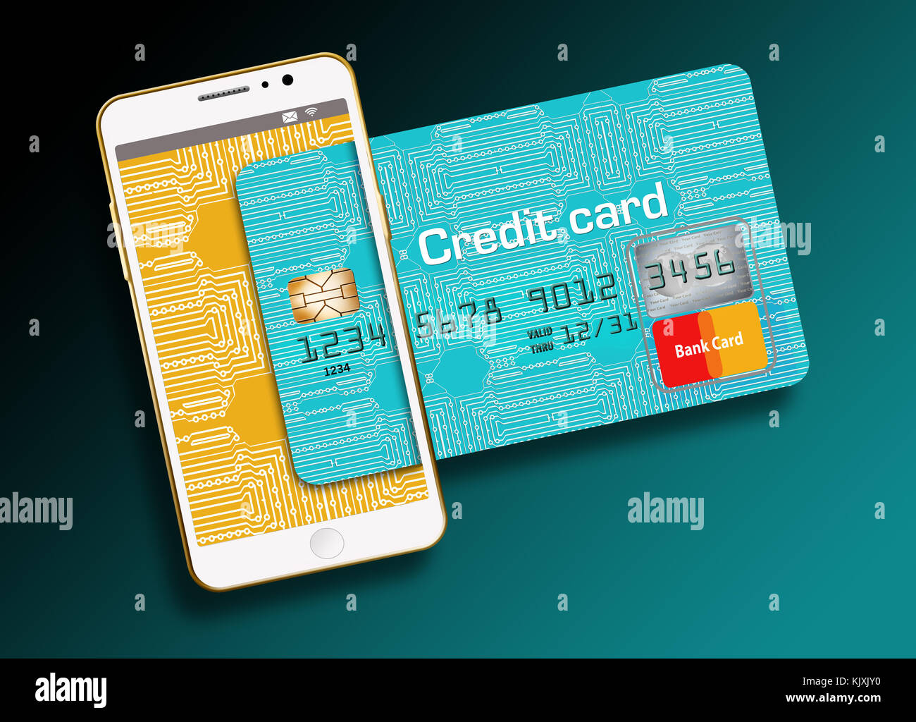 Electronic circuit patterns decorate this credit card illustrating ...