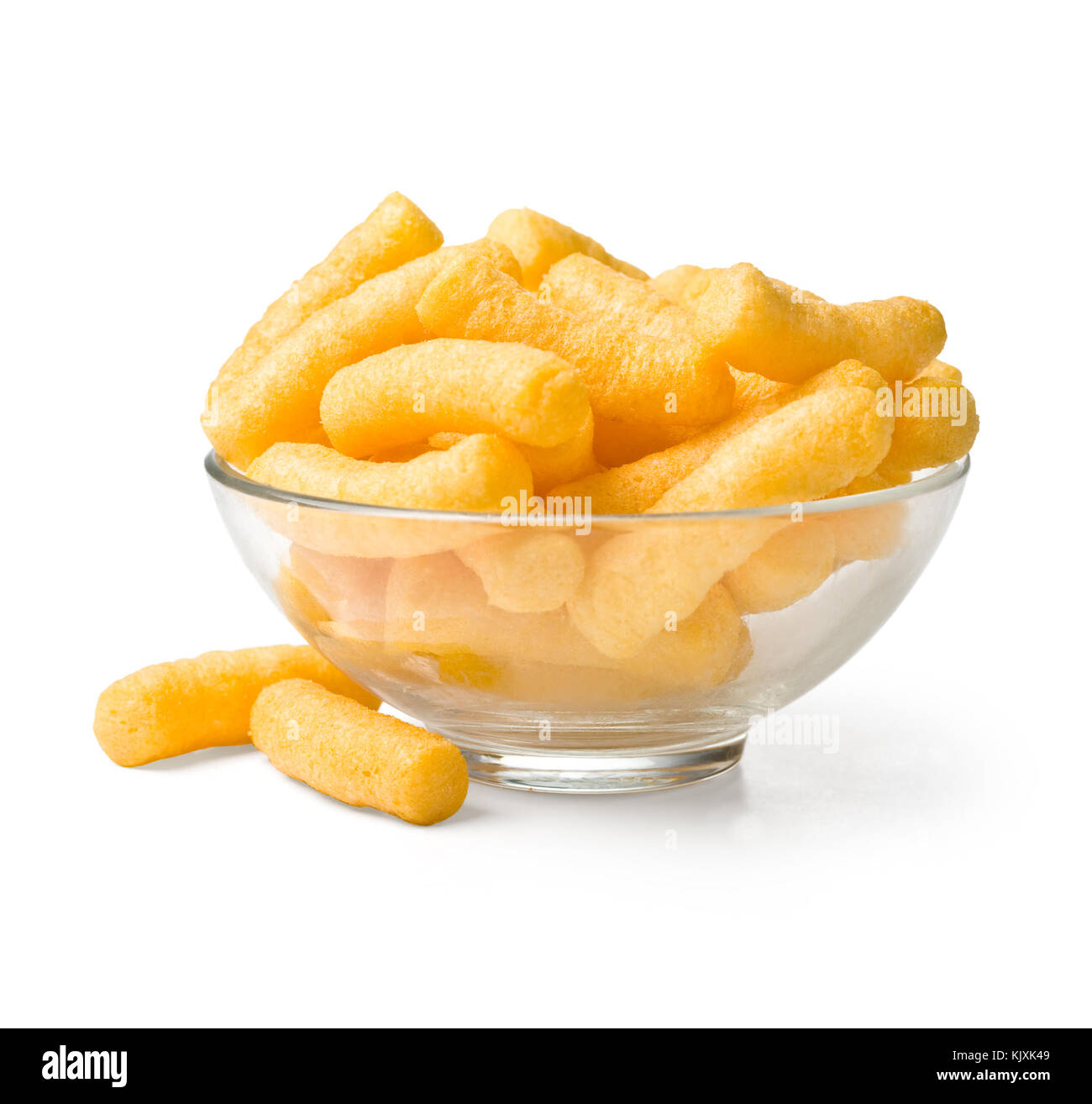 Cheese curls in bowl isolated on a white background. With clipping path ...