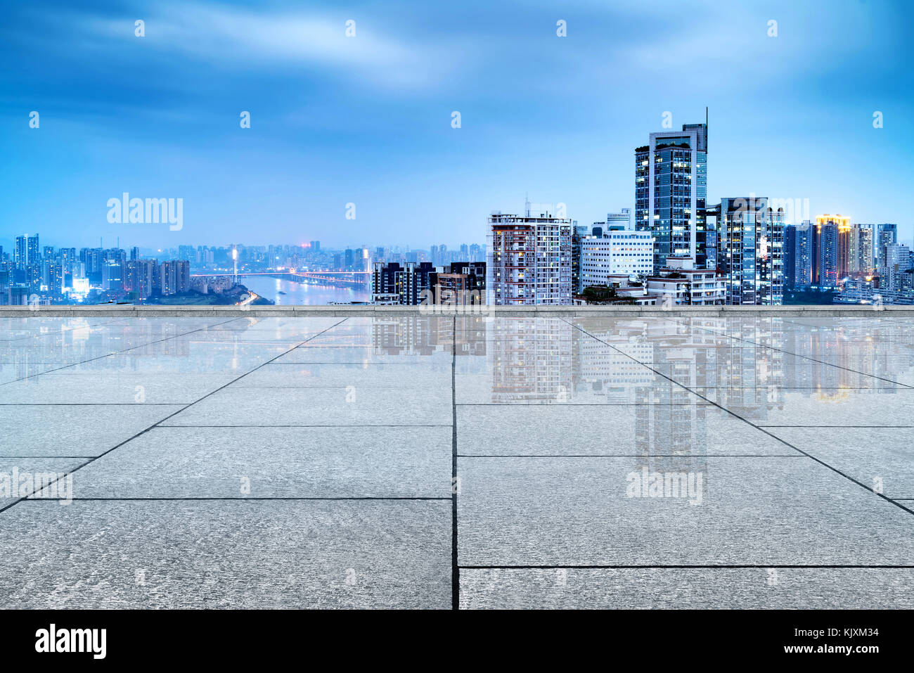 Night, empty marble floor and city skyline, China Chongqing Stock Photo ...