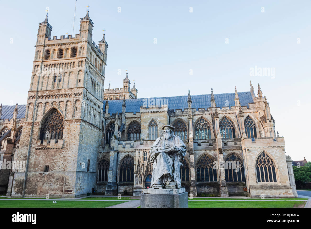 England, Devon, Exeter, Exeter Cathedral and Statue of Richard Hooker ...