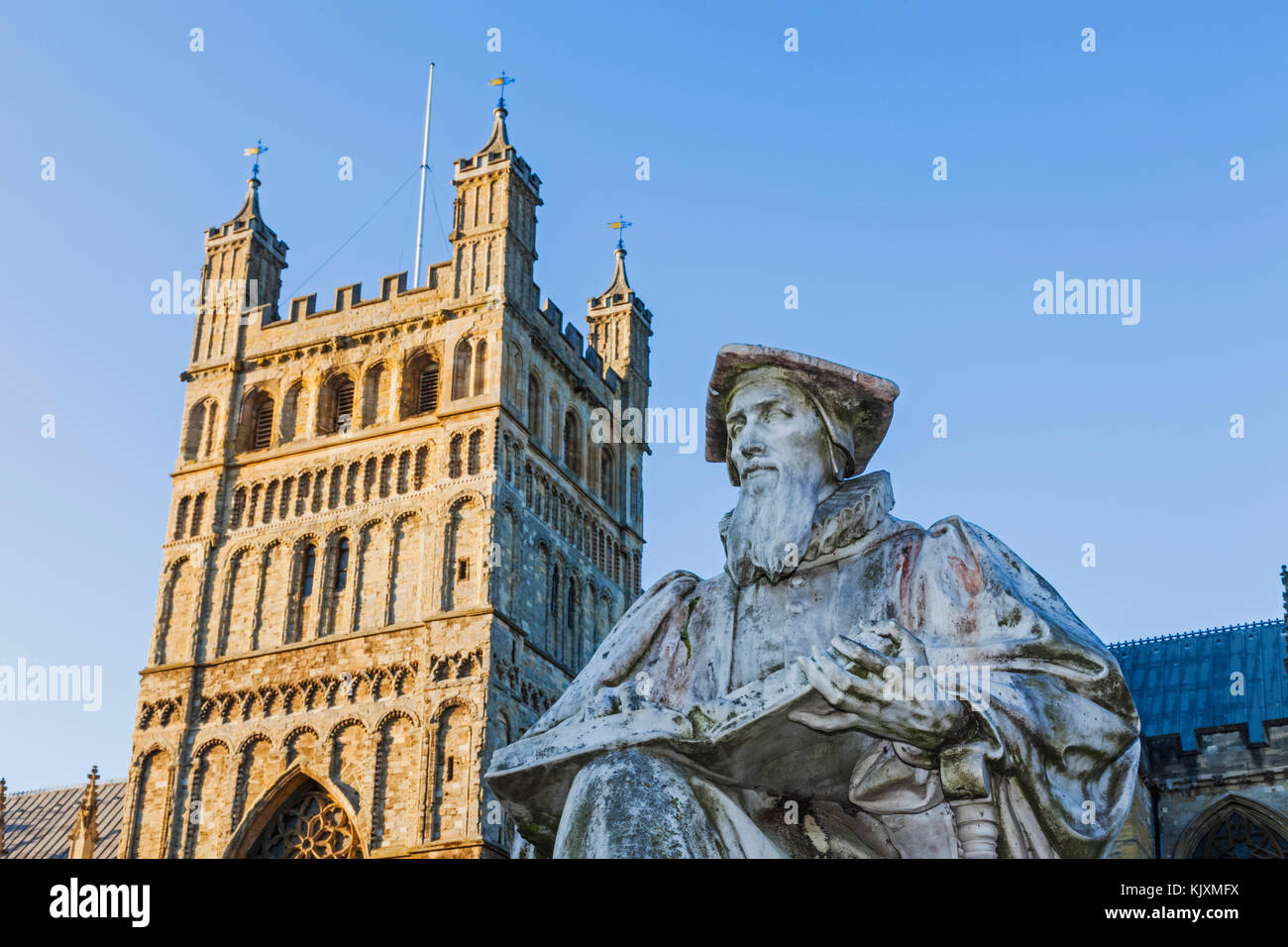England, Devon, Exeter, Exeter Cathedral and Statue of Richard Hooker ...